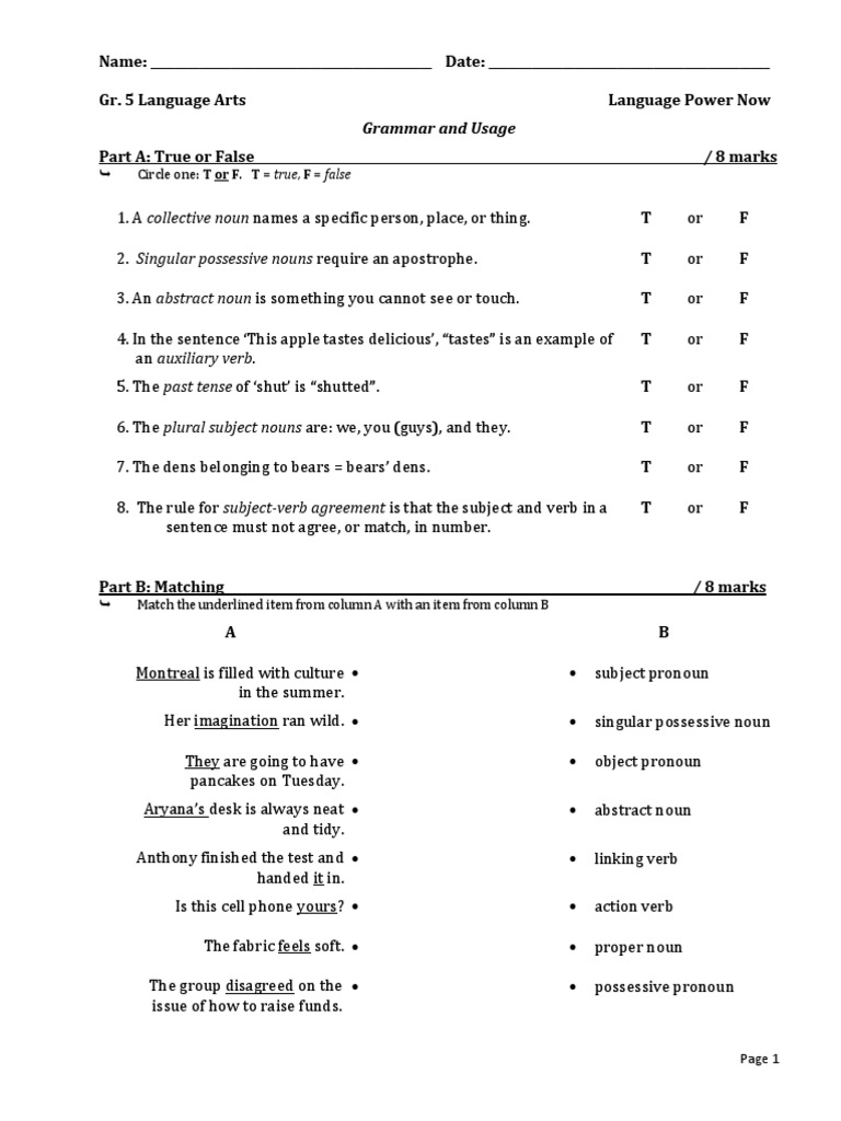 Grade 5 Language Power Test | PDF | Grammatical Number | Verb