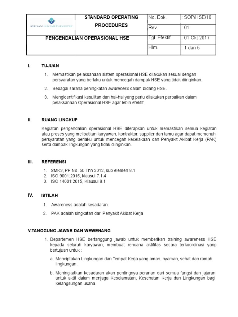 SOP HSE 10 Pengendalian Operasional HSE Updated | PDF