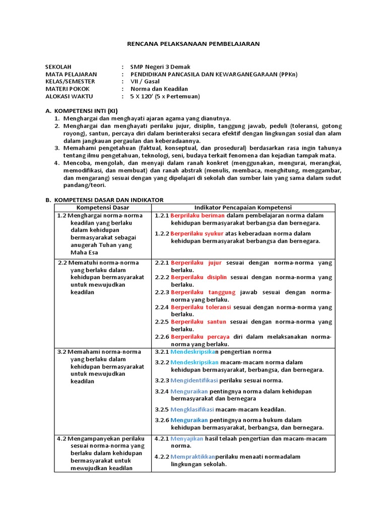 RPP PPKN Kelas 7 Bab 2 k13 Revisi Terbaru 2019 | PDF