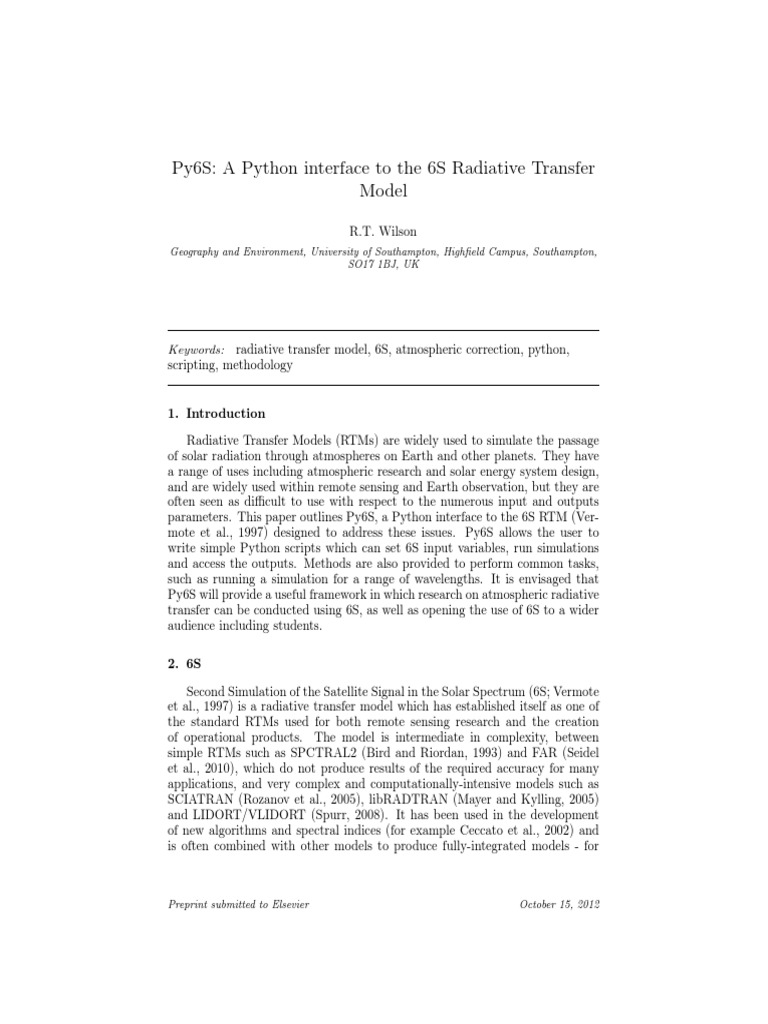 Wilson, R. T. Py6S, A Python Interface To The 6S Radiative Transfer Model | PDF | Python ...