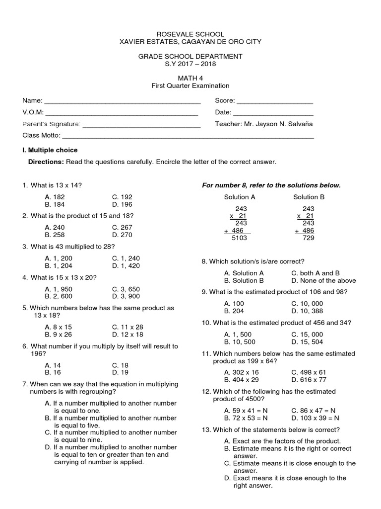 I. Multiple Choice Directions: Read The Questions Carefully. Encircle ...