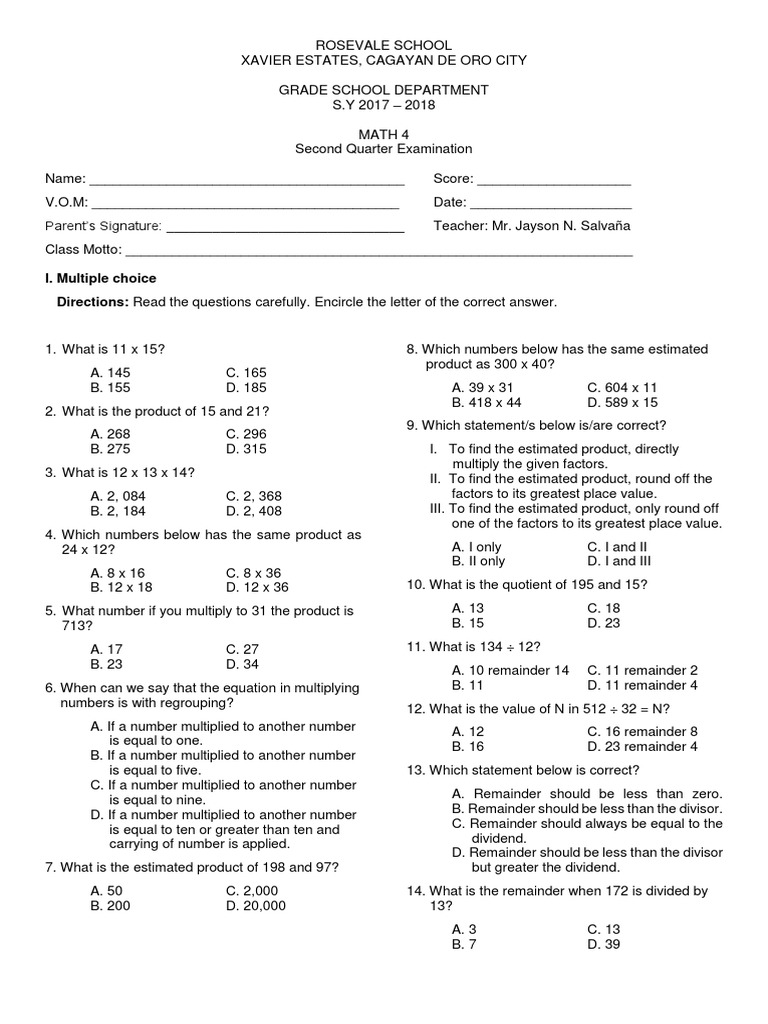 I. Multiple Choice Directions: Read The Questions Carefully. Encircle ...