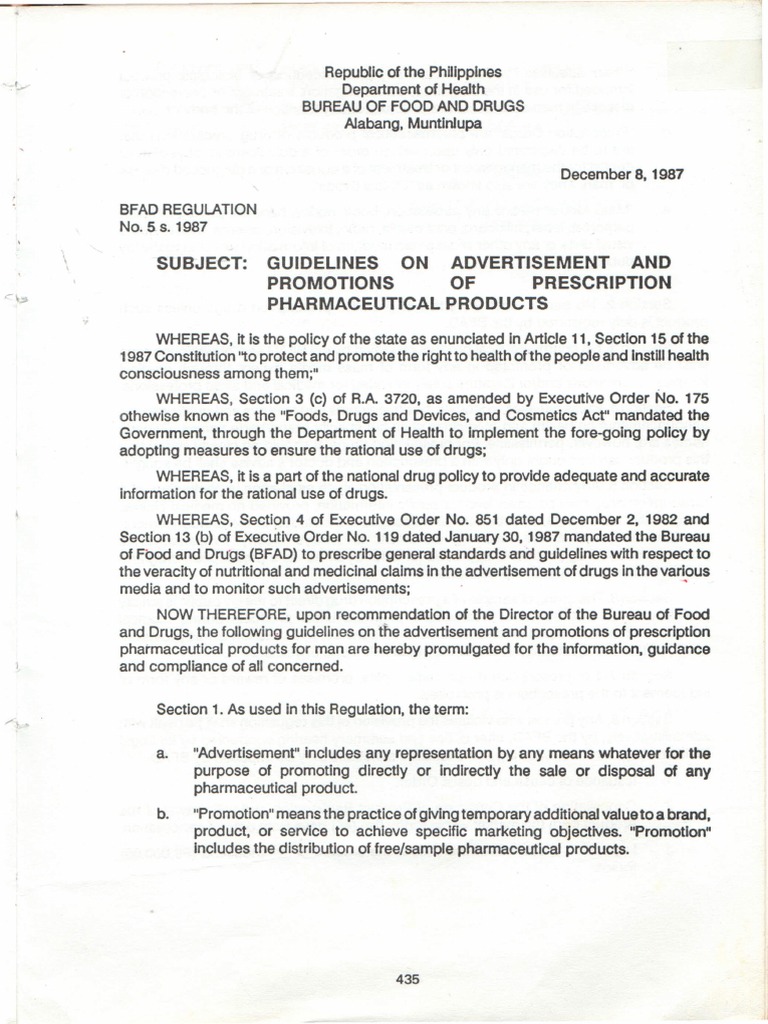 BFAD Regulation No. 5 S. 1987 | PDF