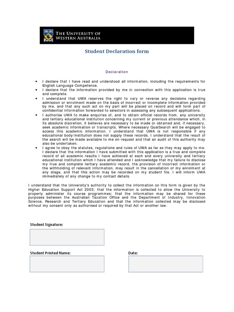 UWA Student Declaration PDF | Download Free PDF | University ...