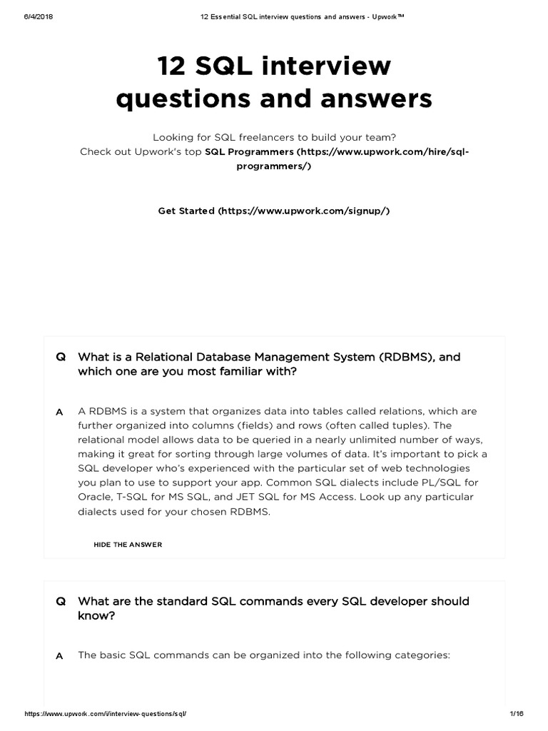 12 Essential SQL Interview Questions and Answers - Upwork™ | PDF | Sql | Data Management