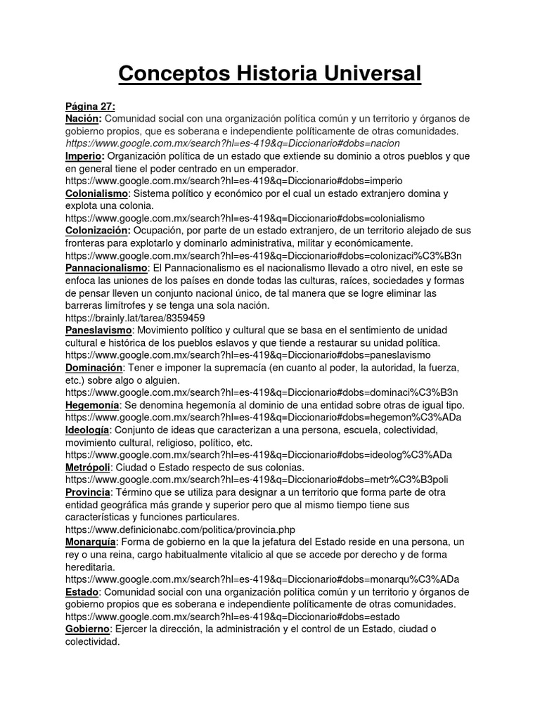 Conceptos Historia Universal | PDF | Colonialismo | Estado (política)