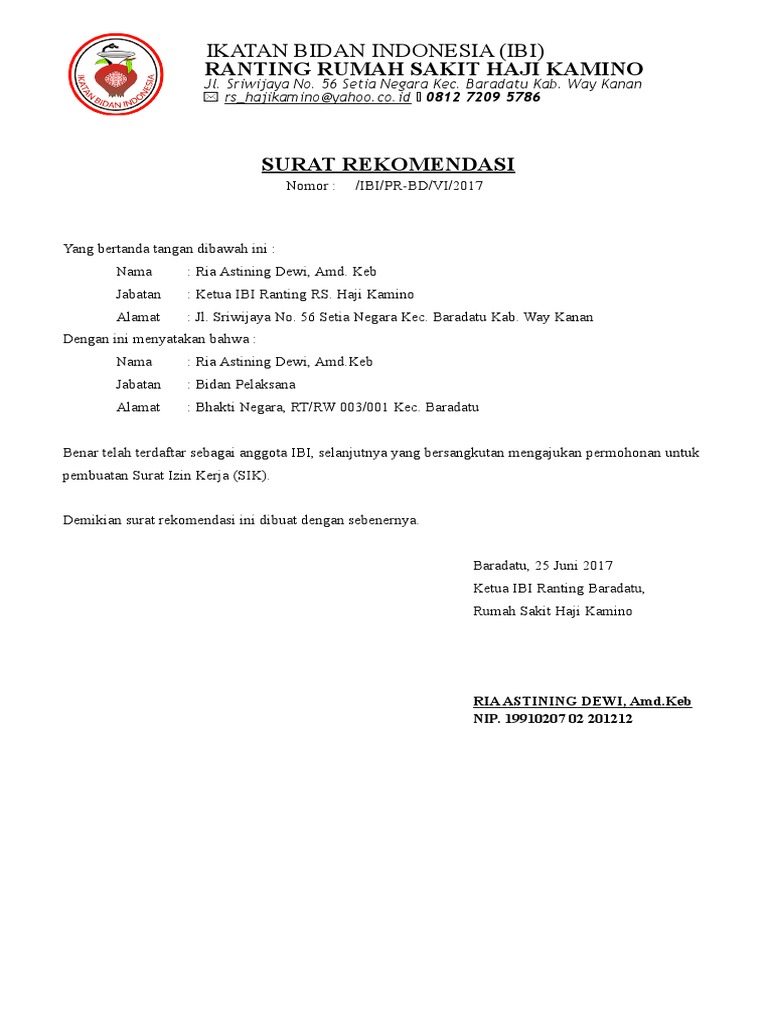Contoh Surat Rekomendasi Ikatan Bidan Idonesia | PDF