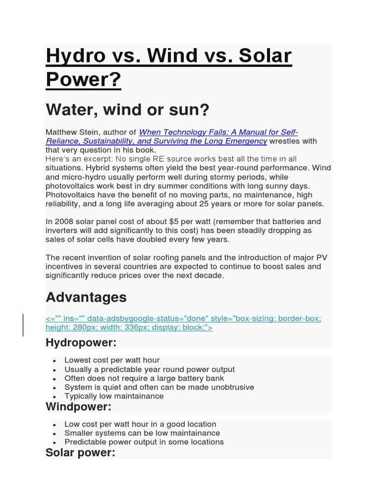 Hydro vs. Wind vs. Solar Power?: Water, Wind or Sun? | PDF | Solar ...
