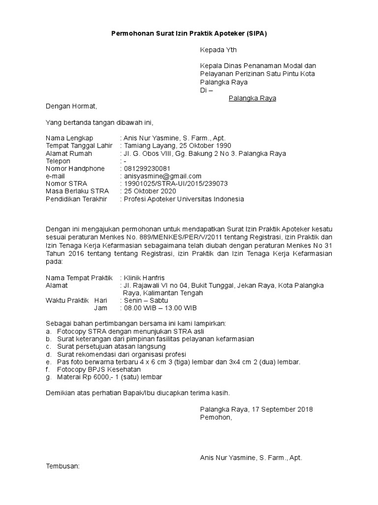 Permohonan Surat Izin Praktik Apoteker - Anis | PDF