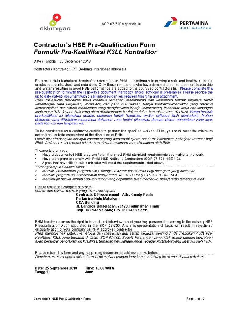SOP 07-700 Appendix 01 - Contractor's HSE Pre-Qualification Form (BIL ...
