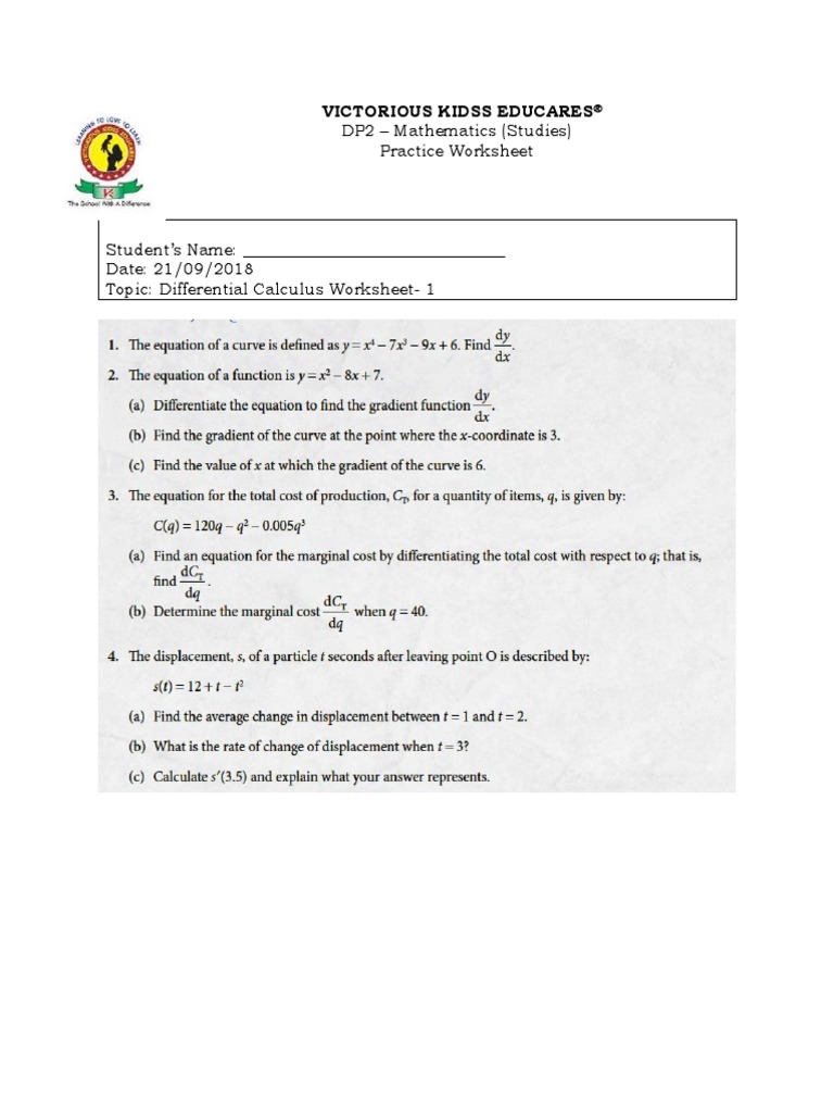 Introduction To Differential Calculus Worksheet - 2 | PDF
