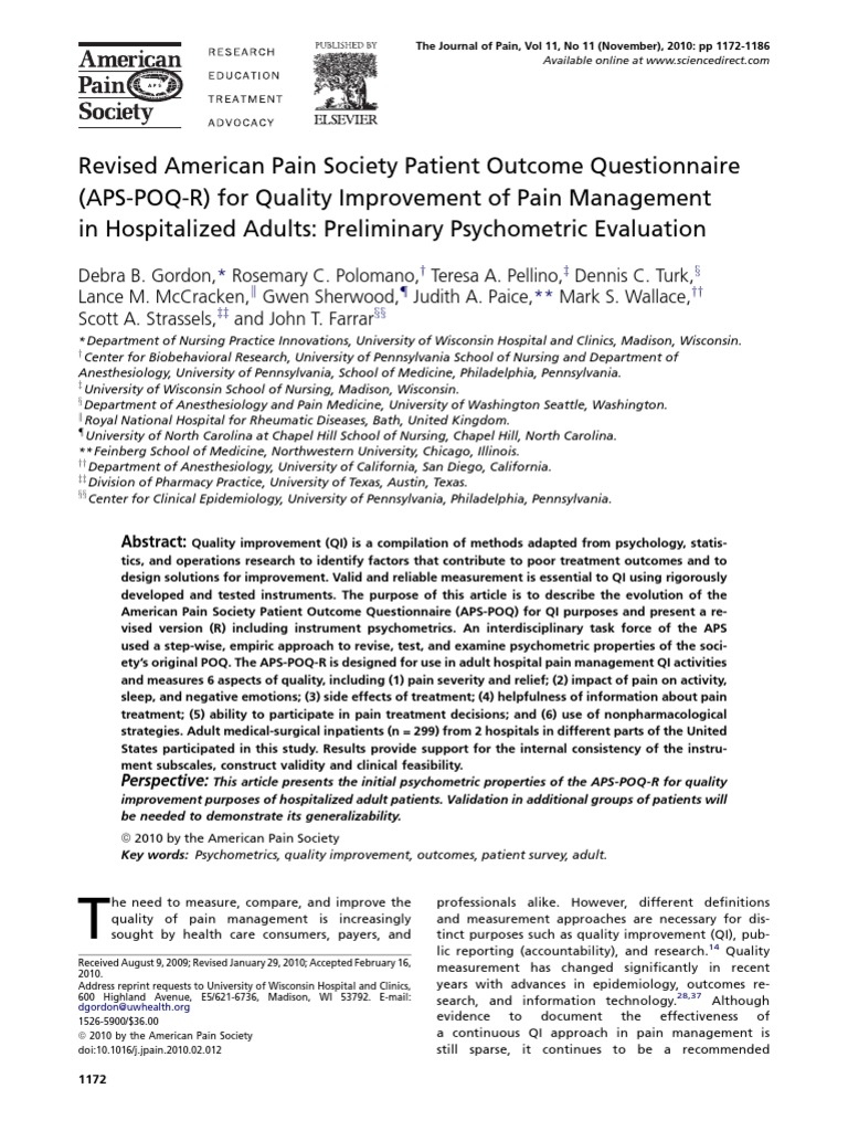 APS-POQ-R: Psychometric Evaluation for Pain Management | PDF | Pain ...