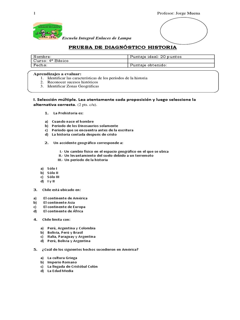 Prueba Diagnostico Historia | PDF | Américas | Chile