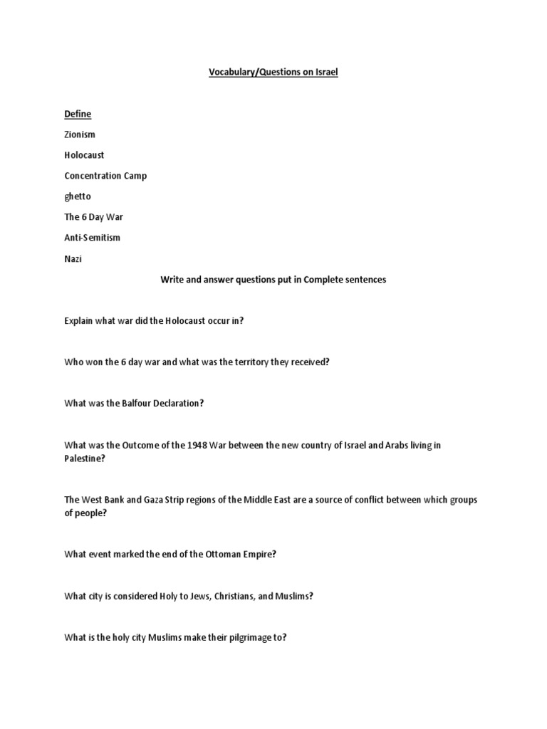 Israel Vocabulary and Key Questions | PDF | Politics | History