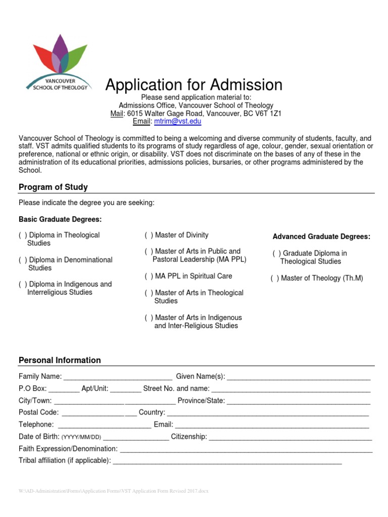 VST Admission Form | PDF | Ordination | Academic Degree