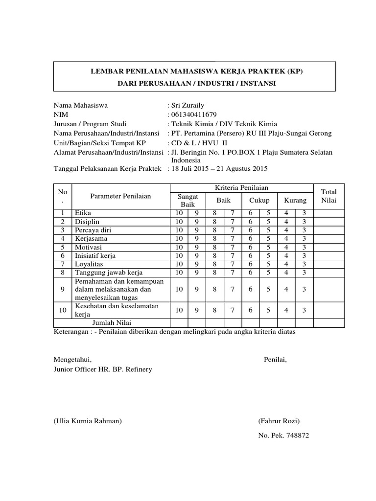 Lembar Penilaian Mahasiswa Kerja Praktek | PDF