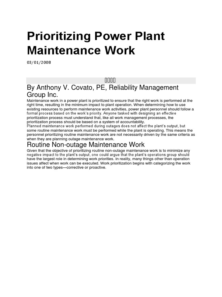 Prioritizing Maintenance Work at Power Plants: A Formal Process Based on Work Priority ...