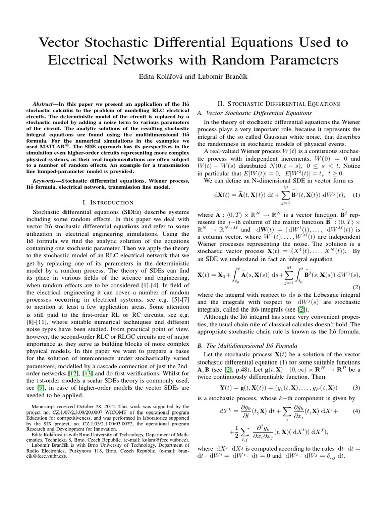 Vector Stochastic Differential Equations Used To Electrical Networks With Random Parameters ...