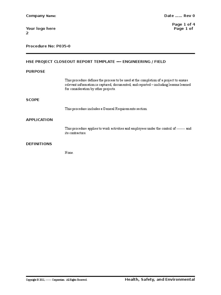 34-2-1501 HSE Project Close Out Report Template | PDF | Safety ...