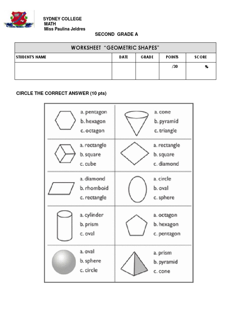 Worksheet "Geometric Shapes": Second Grade A | PDF