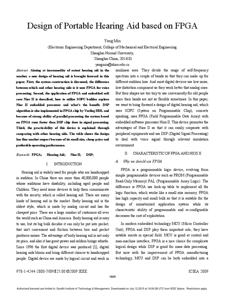 Design Of Portable Hearing Aid Based On Fpga Pdf Field Programmable Gate Array Digital