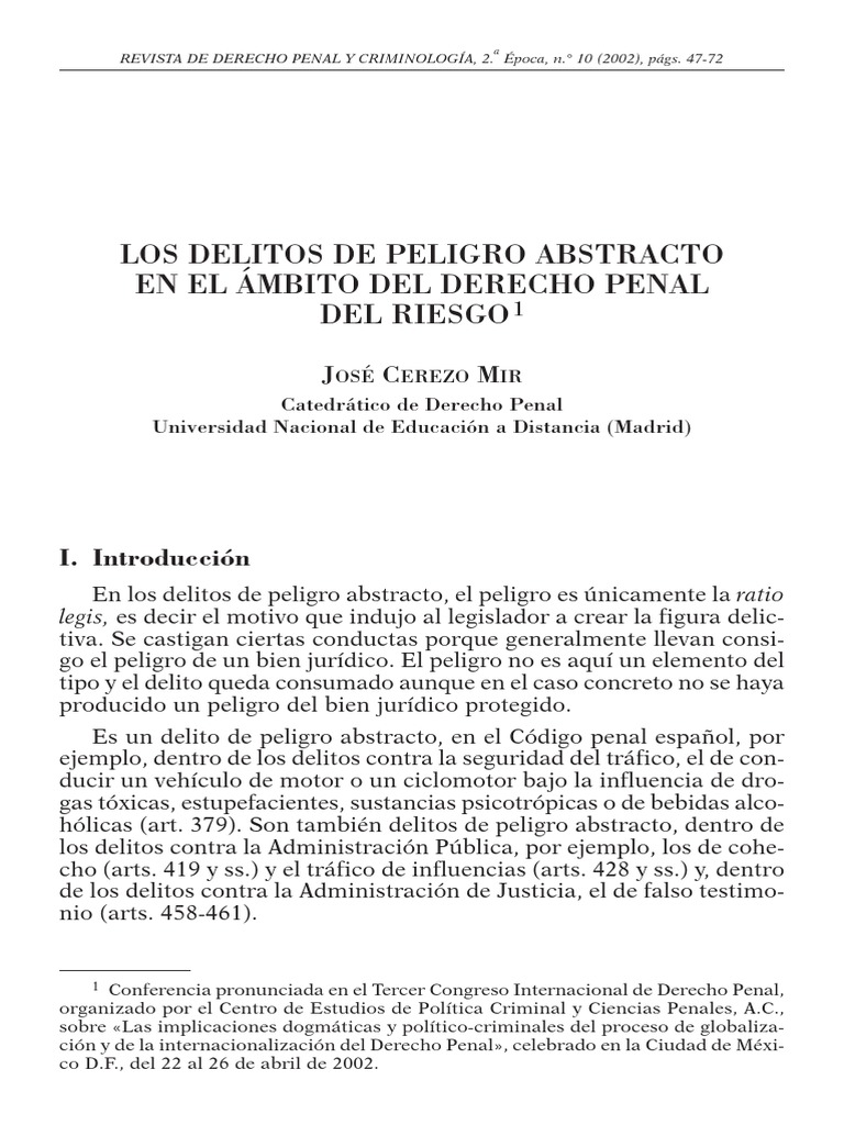 Delitos de Peligro. | PDF | Derecho penal | Intención (Derecho Penal)