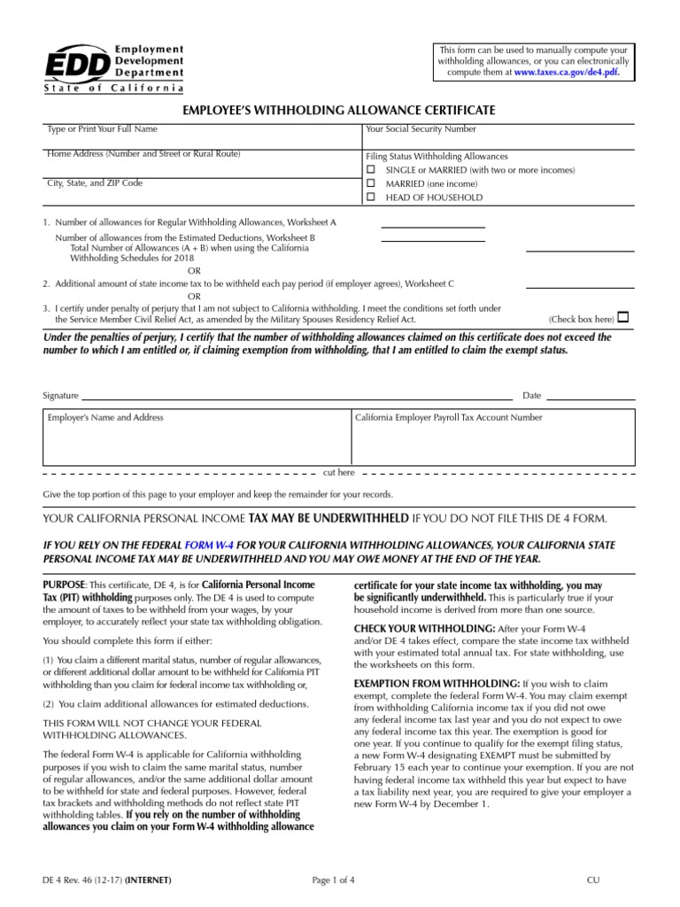 California DE-4 | PDF | Withholding Tax | Income Tax In The United States