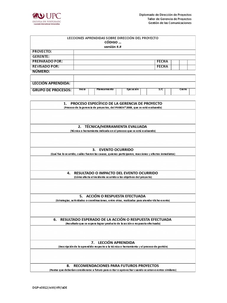 Modelo de Lecciones Aprendidas PMBOK | PDF | Planificación | Business