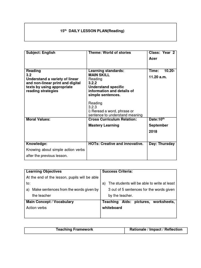 15th Lesson Plan (Reading) | Download Free PDF | Reading (Process ...