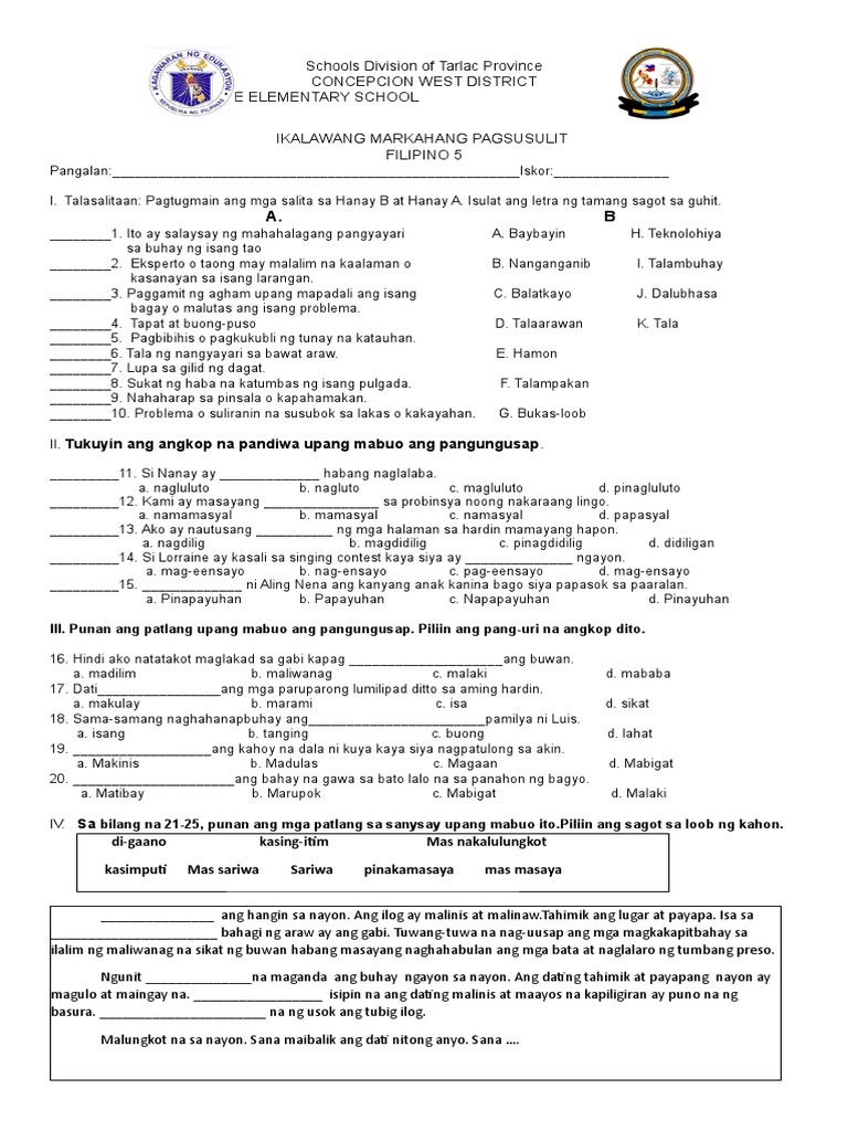 2nd Q. Test in Filipino 5 With TOS | PDF