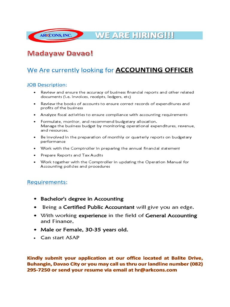Accounting Officer Job Opening in Davao | PDF | Career & Growth ...