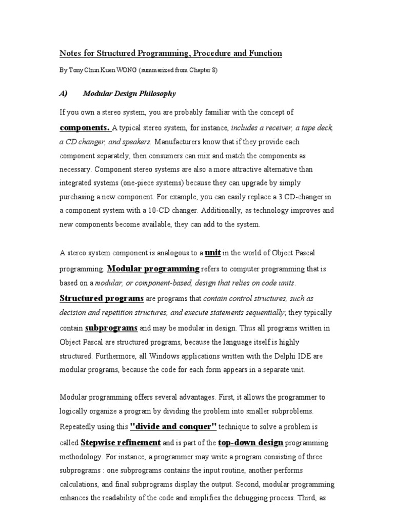 Notes For Structured Programming Procedure And Function Components Pdf Parameter Computer