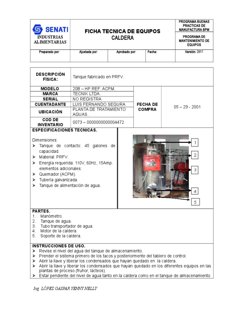 Ficha Tecnica de Caldera | Tubería (transporte de fluidos) | Caldera