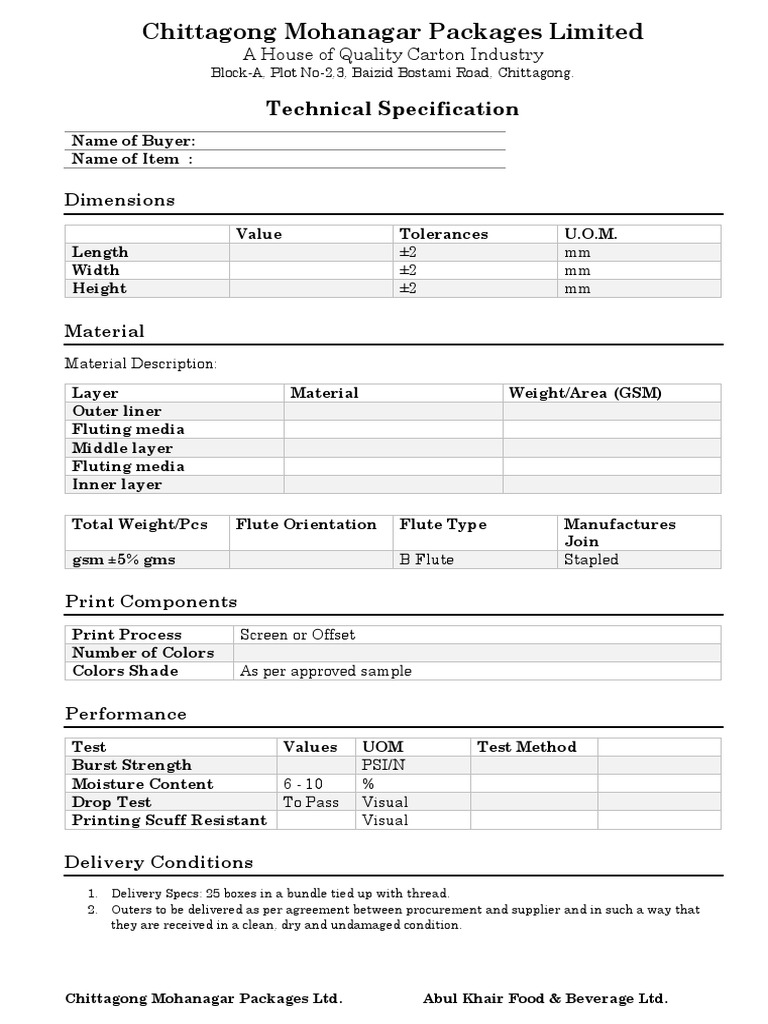 Technical Specification Corrugated Carton | PDF | Technology & Engineering