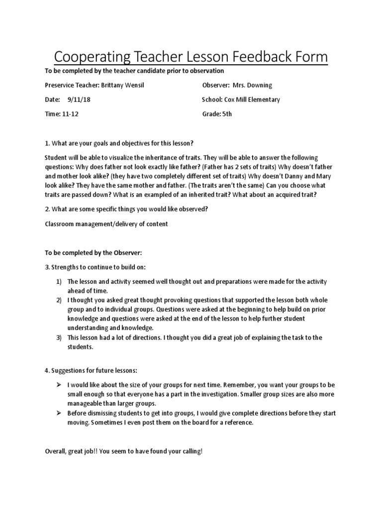 Cooperating Teacher Lesson Feedback Form: To Be Completed by The ...