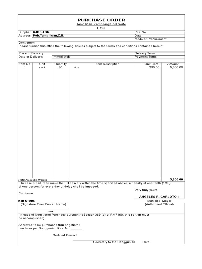 LGU Purchase Order for Rice | PDF | Receipt | Payments
