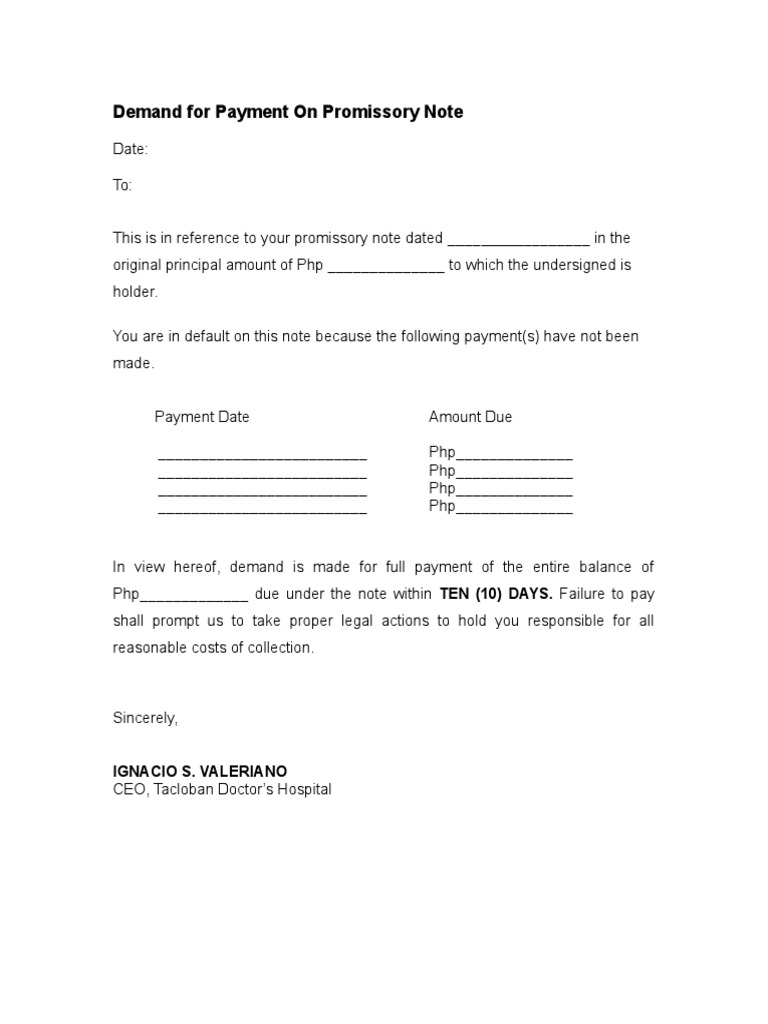 Demand For Payment On Promissory Note: Ignacio S. Valeriano | PDF
