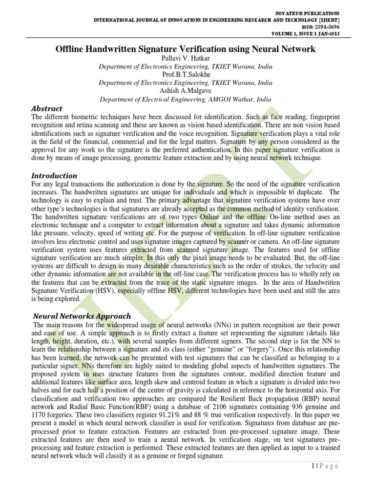 Offline Handwritten Signature Verification Using Neural Network Pdf