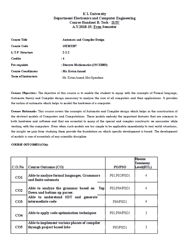 Automata Theory and Compiler Design Course Handout | PDF | Parsing | Engineering