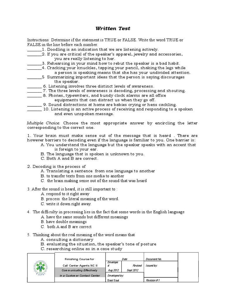 Written Test: Multiple Choice. Choose The Most Appropriate Answer by ...