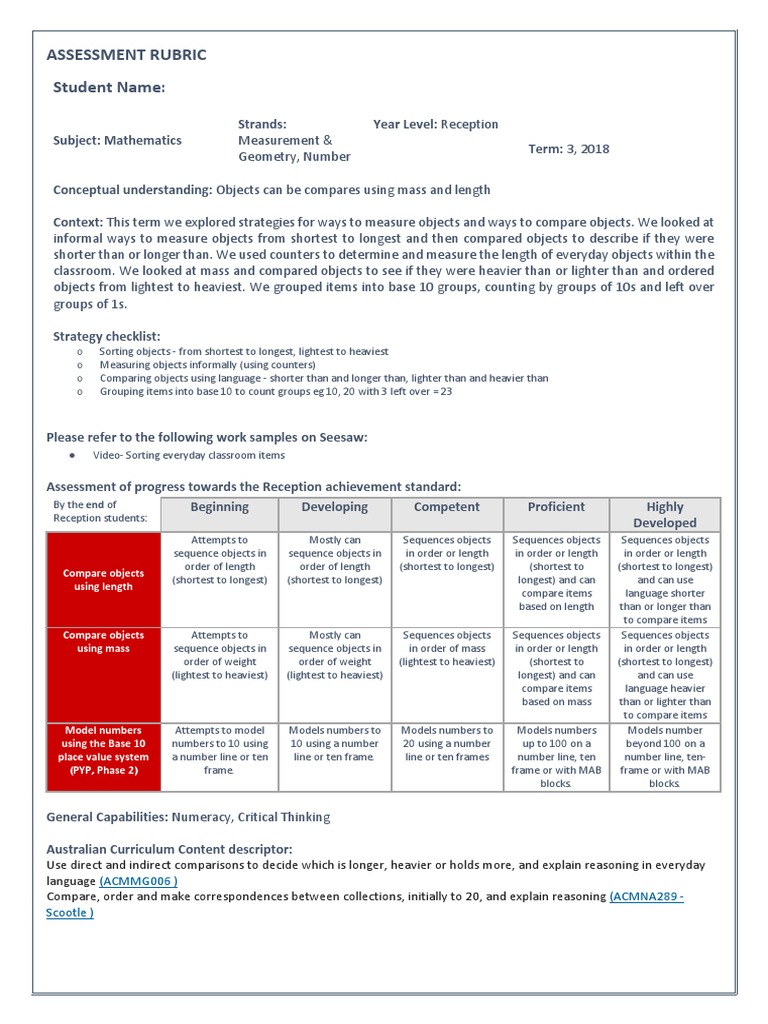 Maths - Measurement Rubric | PDF | Mass | Behavior Modification