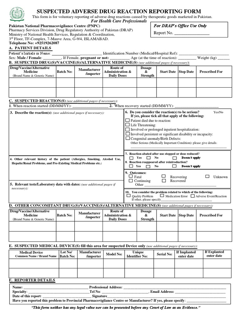 DRAP New Suspected Adverse Reaction Reporting Form For Health Care ...