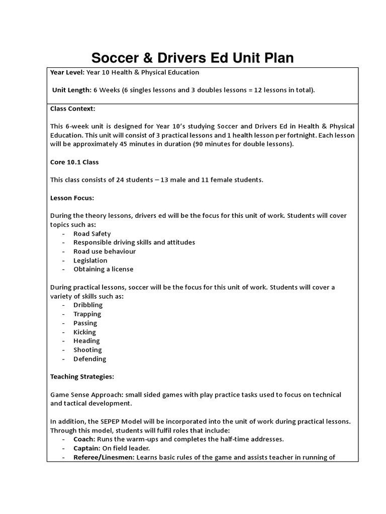 Year 10 Soccer & Drivers Ed Unit Plan | PDF | Physical Education ...