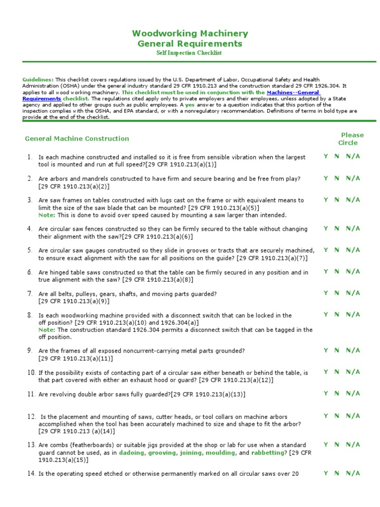 Woodworking Machinery General Checklist | PDF | Occupational Safety And ...