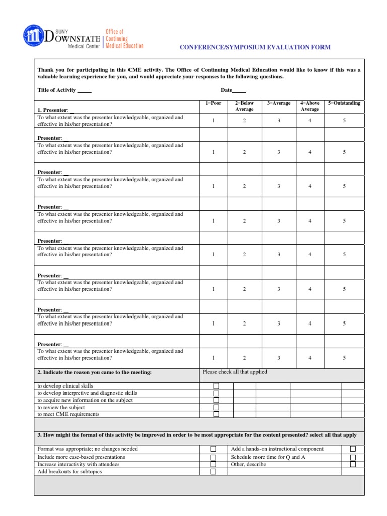 Conference/Symposium Evaluation Form: 1 Poor 2 Below Average 3 Average ...