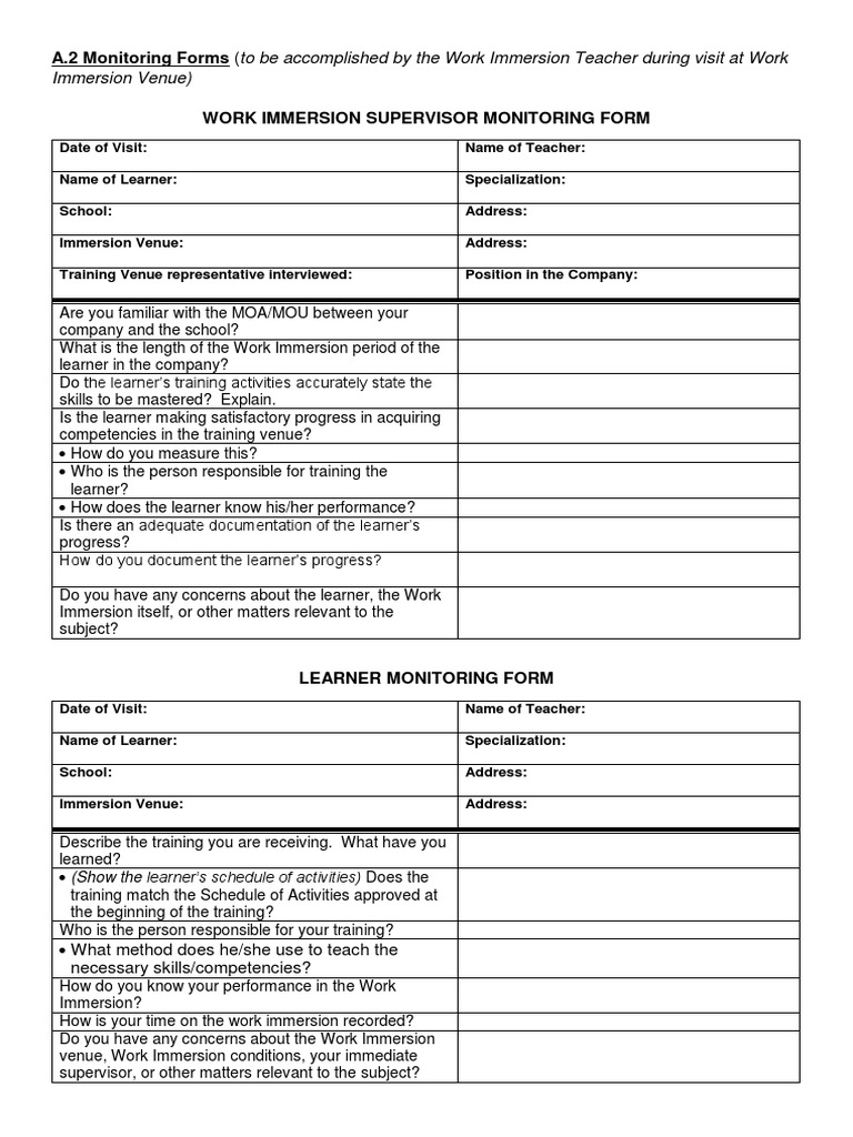 Work Immersion Tools To Be Filled Out Before CO Monitoring | PDF ...