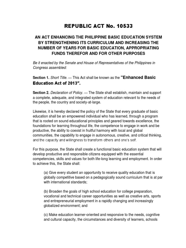 REPUBLIC ACT No 10533 | Download Free PDF | Curriculum | Teachers