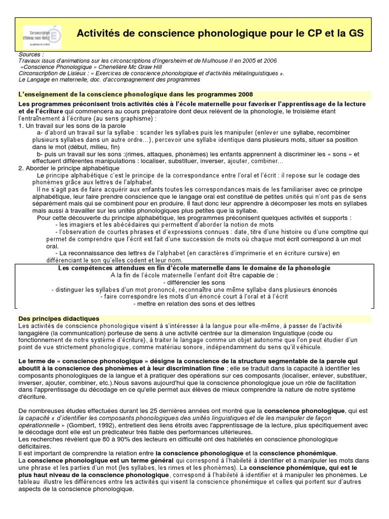 Activites de Conscience Phonologique | PDF | Apprentissage de la ...