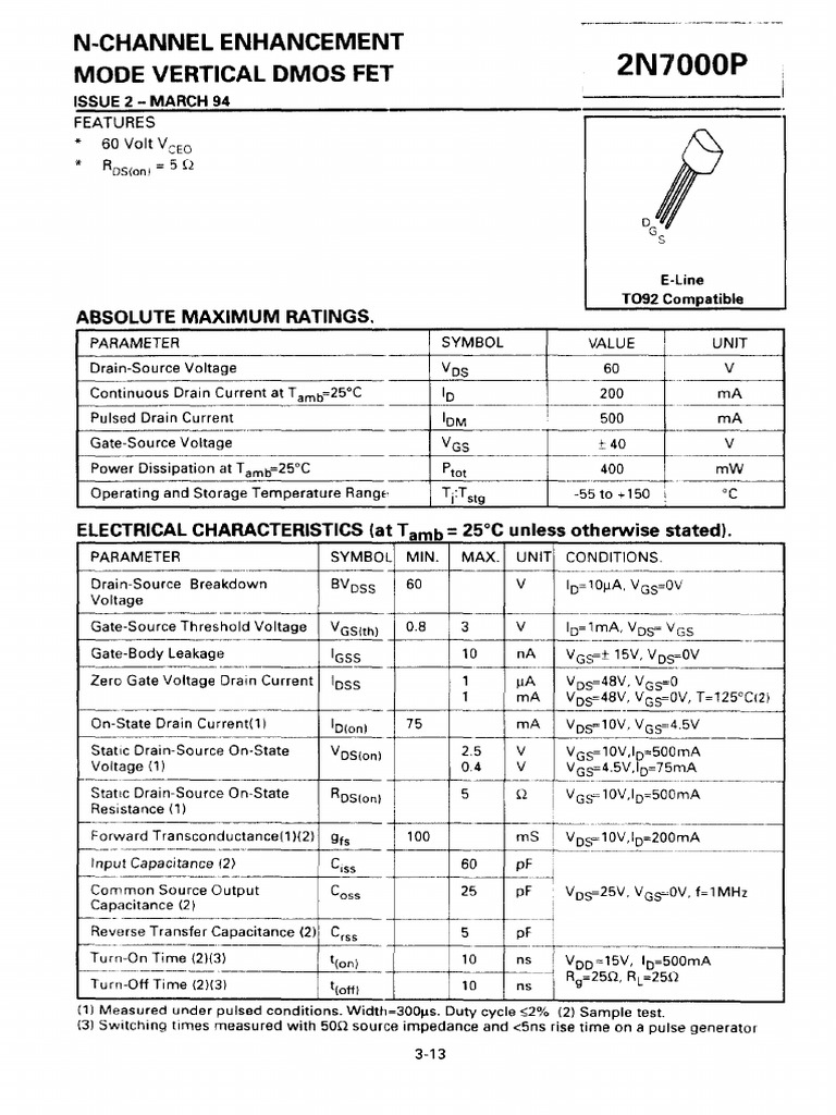 Datasheet 2 N7000 | PDF | Field Effect Transistor | Semiconductors