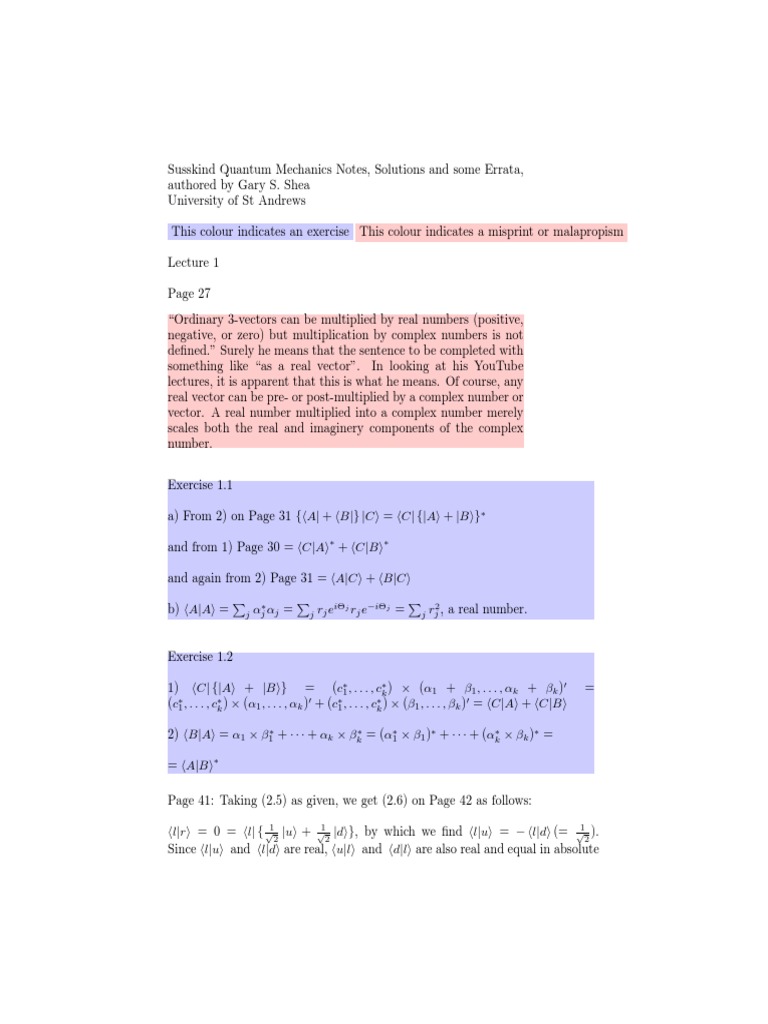 Susskind Quantum Mechanics Notes | PDF | Eigenvalues And Eigenvectors ...